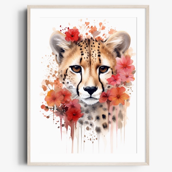 Art | Cute Floral Cheetah Watercolor Wall Art Illustration Print Poster ...